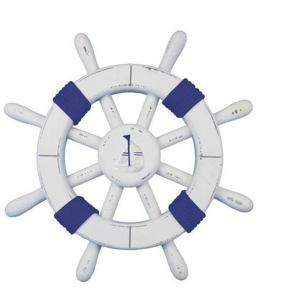 Rustic White Decorative Ship Wheel with Dark Blue Rope and Sailboat 18 ...