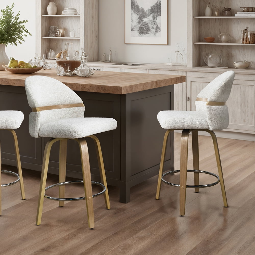 Rustic White Fabric Swivel Counter Stools with Wood Legs, Set of 2 ...