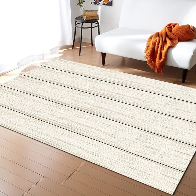Rustic White Retro Barn Wood Grain Area Rug, Living Room Rugs, Area ...
