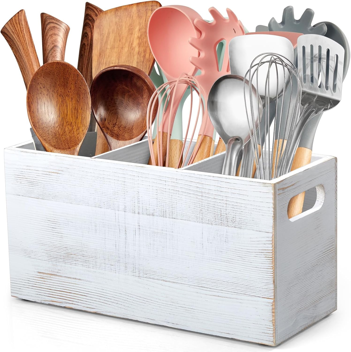 Rustic White Utensil Holder with Removable Divider - 3 Compartment ...