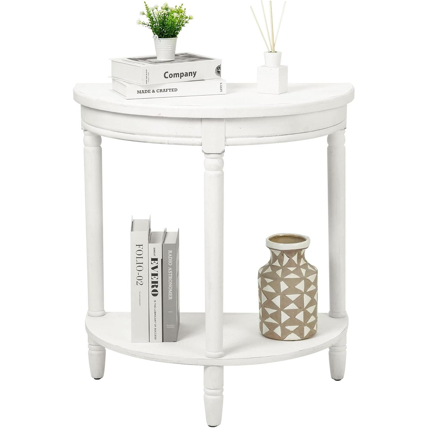 Rustic White Wooden Half Round End Table, Half Moon Shaped Table 2-Tier ...