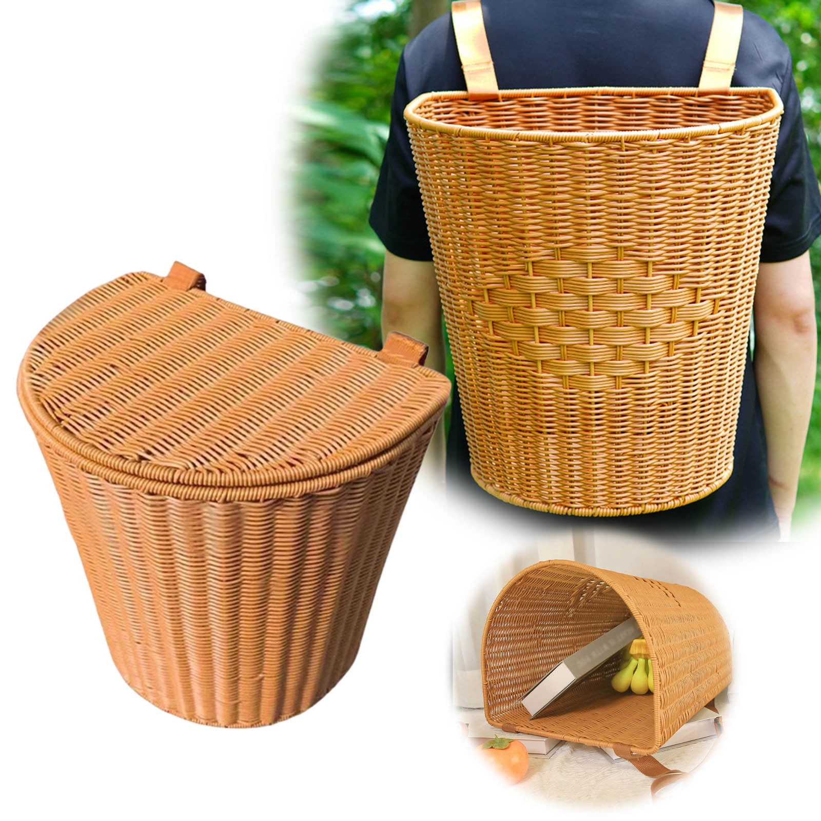 Rustic Wicker Backpack Basket with Lid - Handwoven Polypropylene Picnic ...