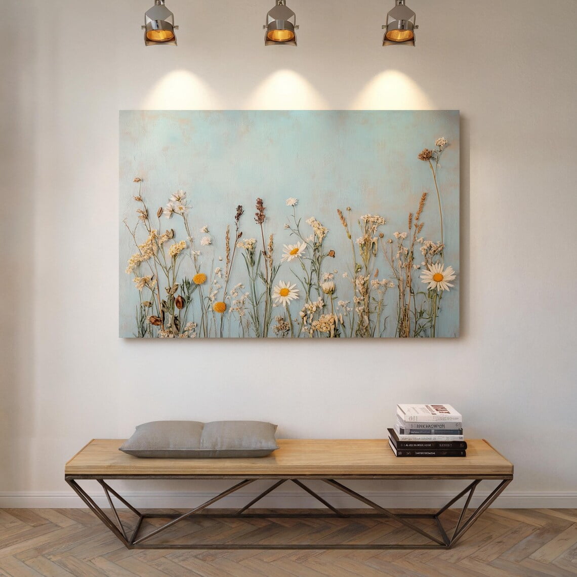 Rustic Wildflower Wall Art - Daisies And Dried Floral Design On Soft ...