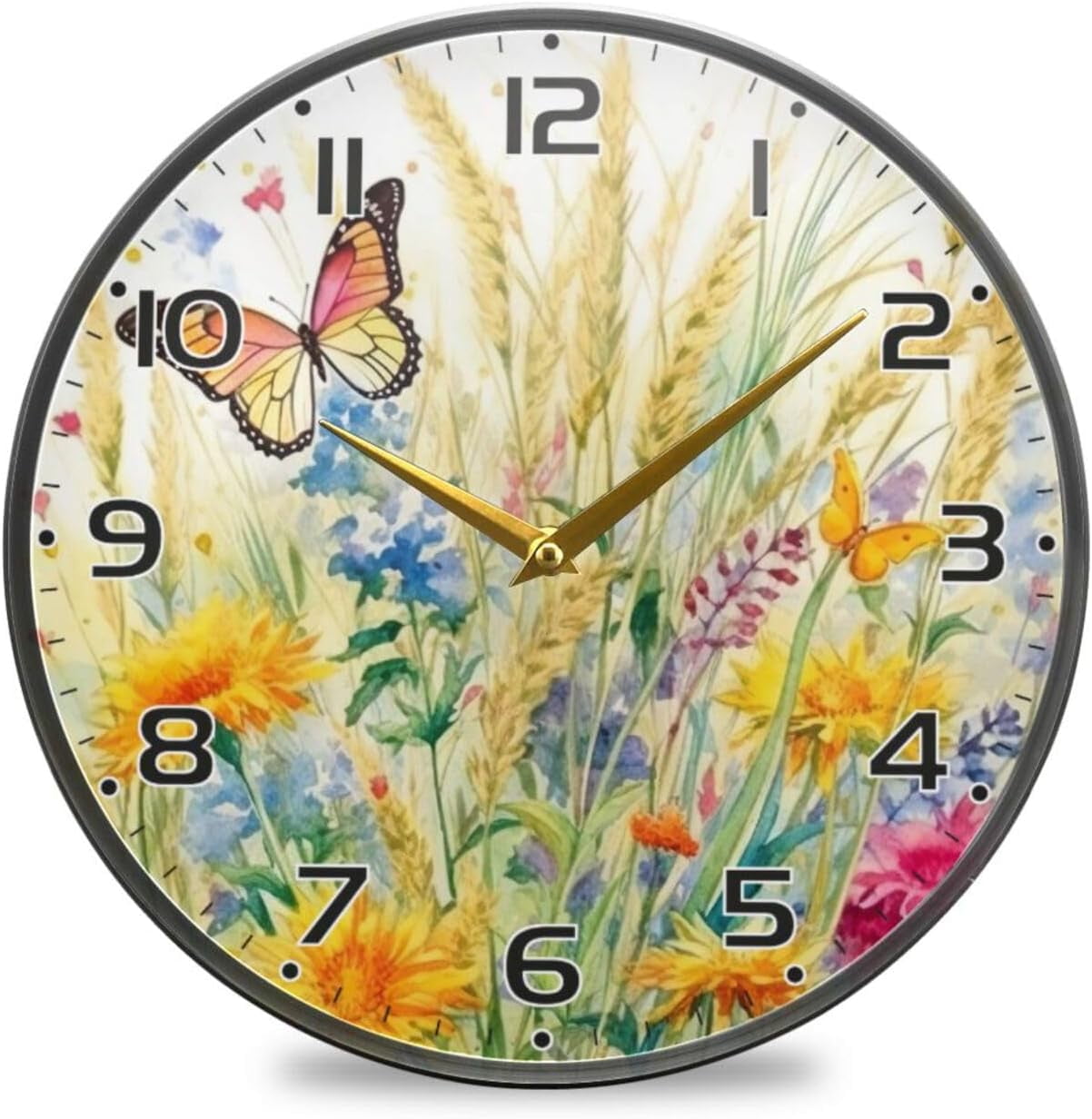 Rustic Wildflowers Butterfly Wall Clock Round Silent Non Ticking ...
