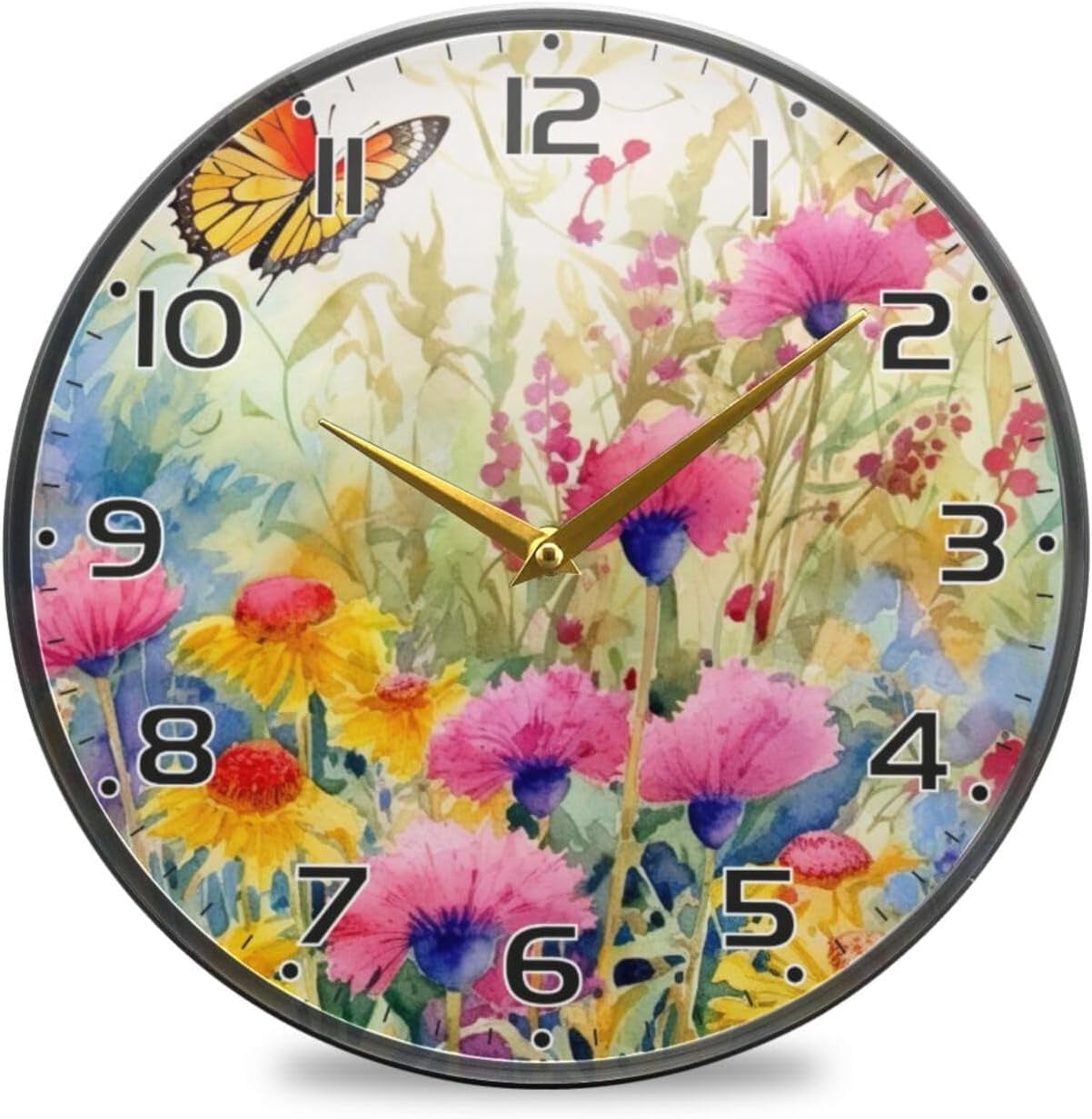 Rustic Wildflowers Butterfly Wall Clock Round Silent Non Ticking ...