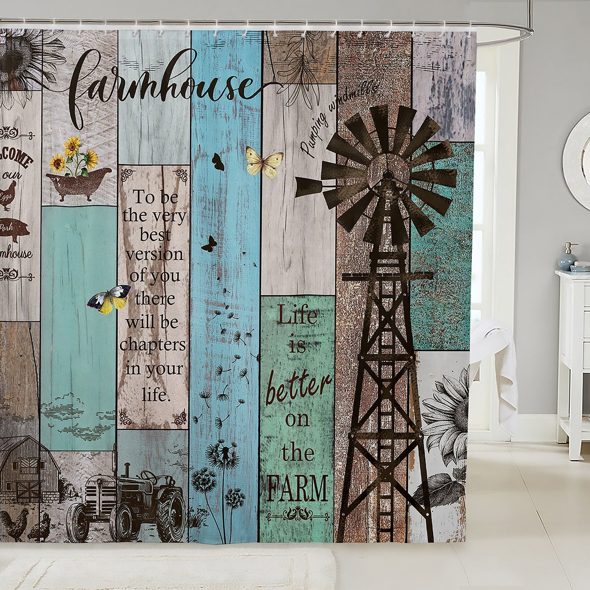 Rustic Windmill Bathroom Shower Curtain Sets, Vintage Farmhouse Shower ...