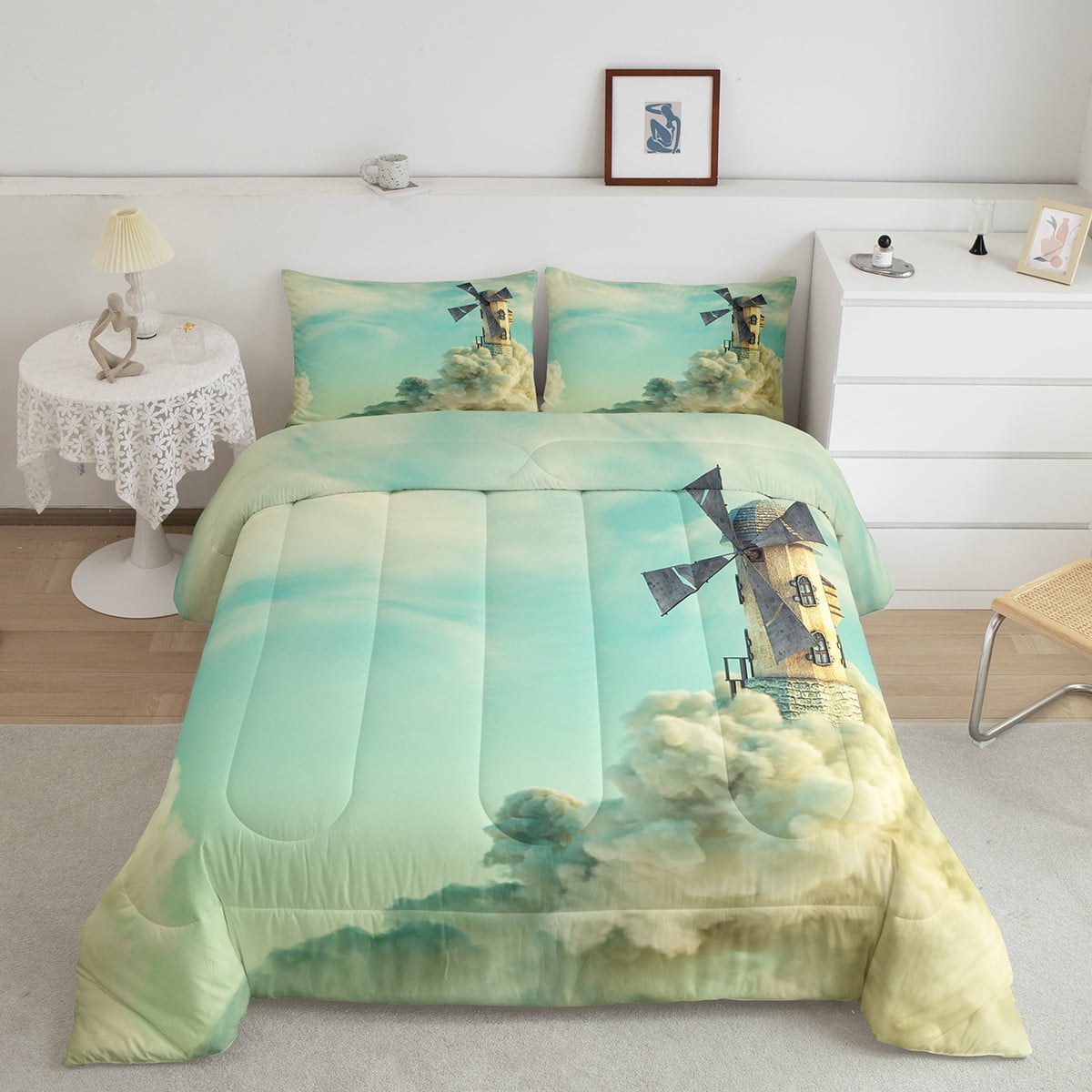 Rustic Windmill Comforter Set Full Size,White Cloud Sky Print Bedding ...