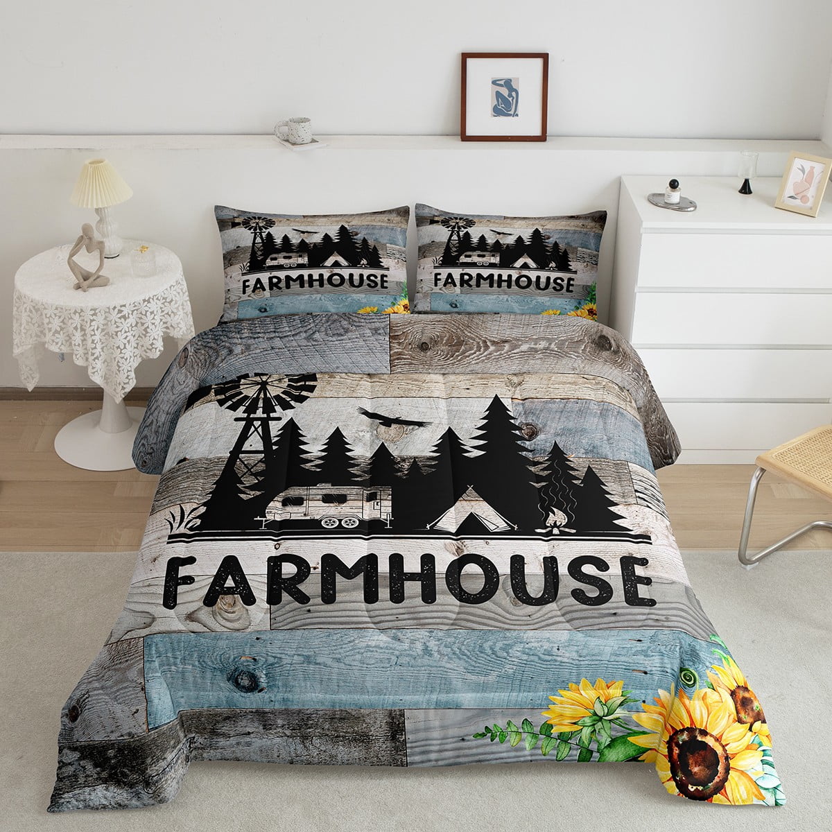 Rustic Windmill Comforter Set King Teal Grey Bedding Set Old Barn Door ...