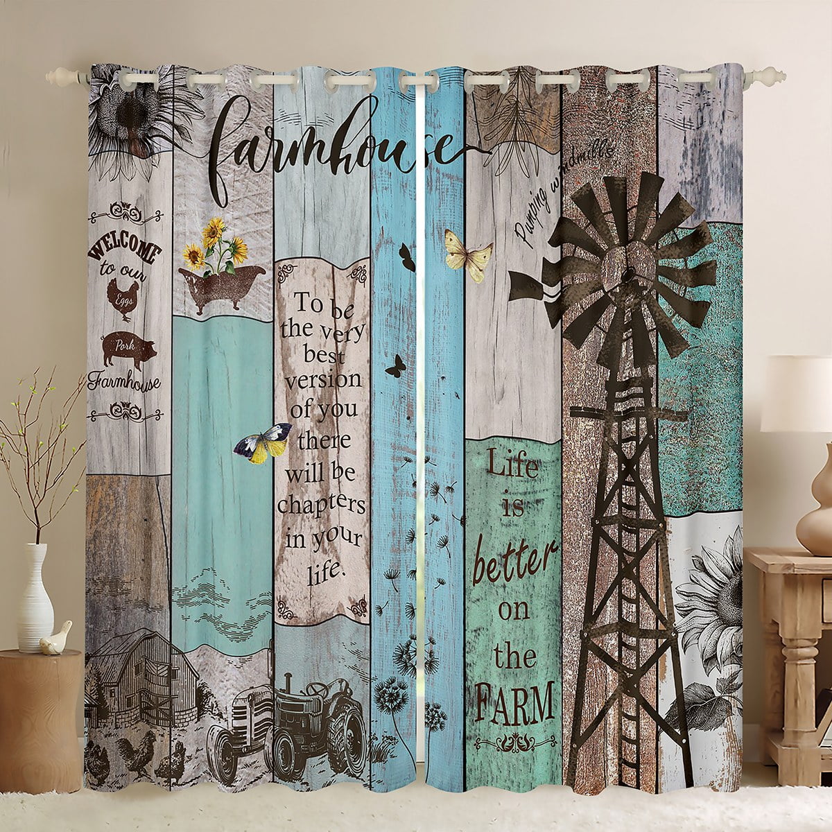 Rustic Windmill Curtains 38"Wx45"L, Vintage Farmhouse 30%-50% Blackout ...