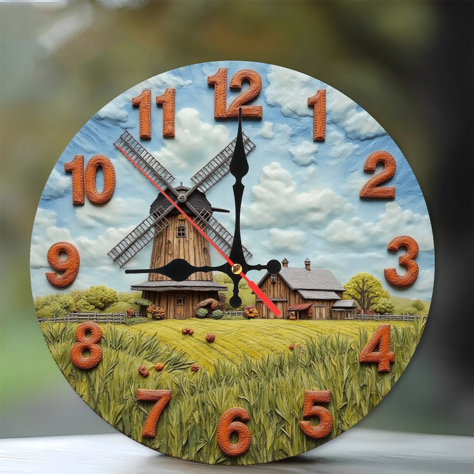 Rustic Windmill Farm House 2D Wall Clock 10-Inch Silent Wooden Wall ...