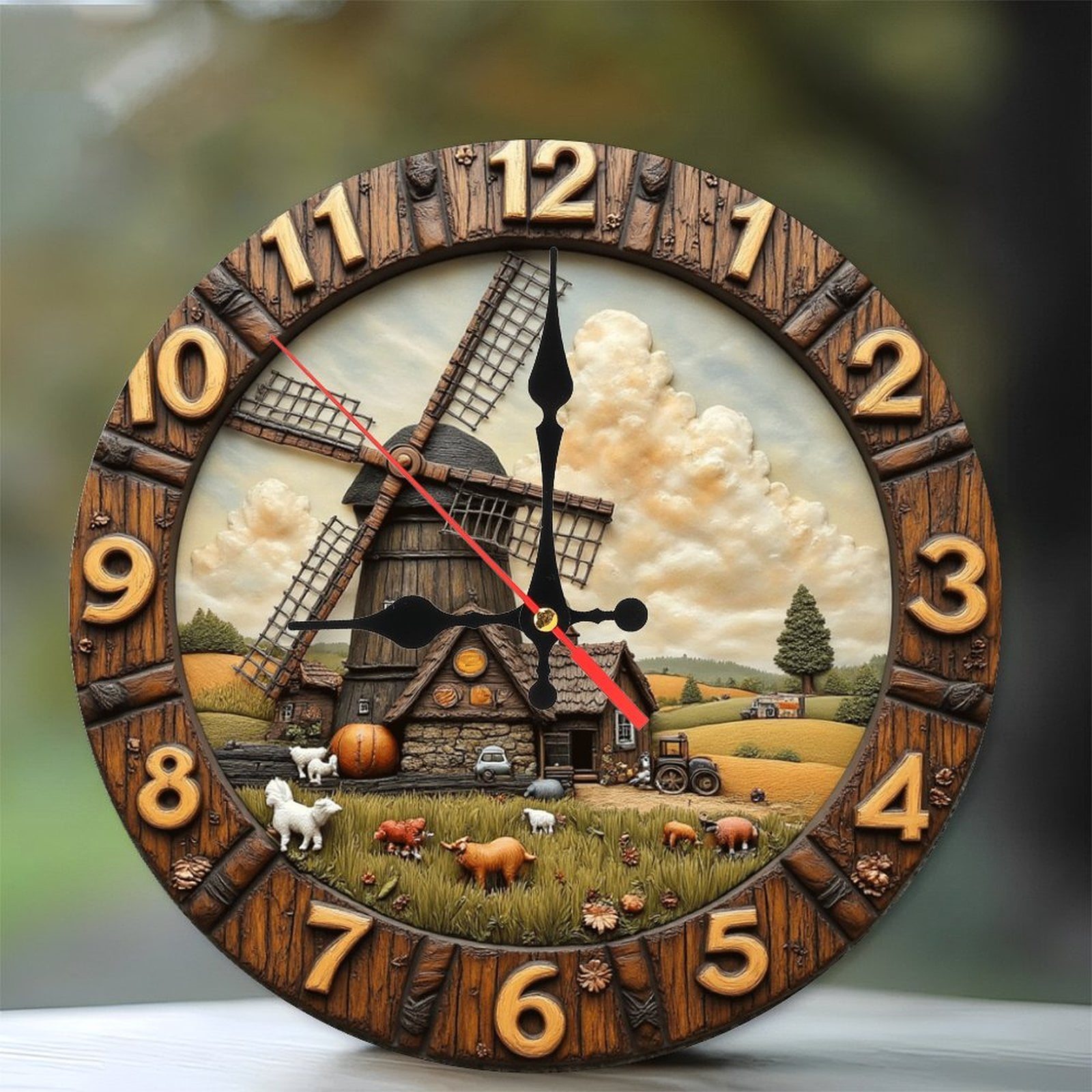 Rustic Windmill Farm House Wall Clock Relief 10-Inch Silent Wooden Wall ...