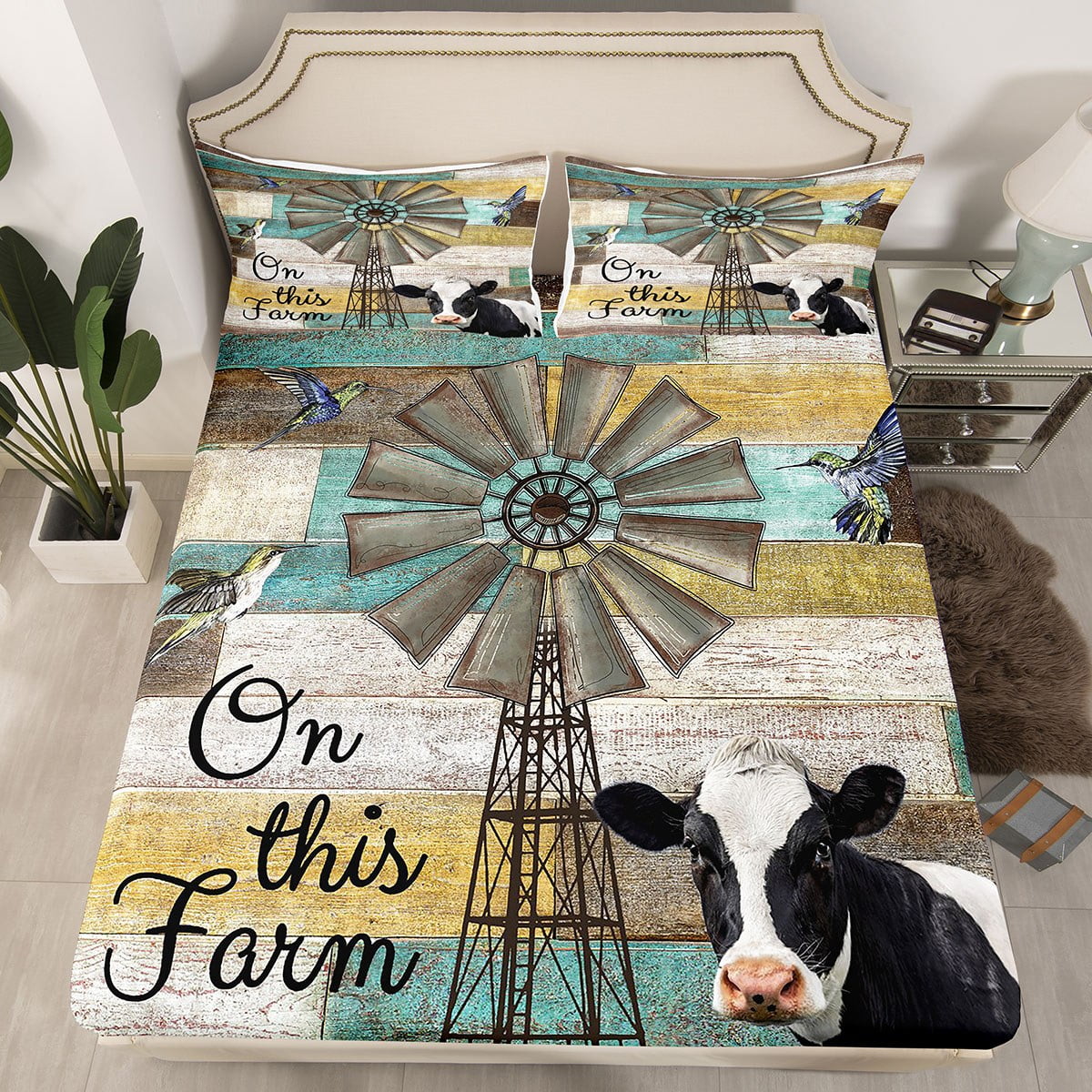 Rustic Windmill Farmhouse Bedding Set Queen Size, Milk Cow Farm Animal ...