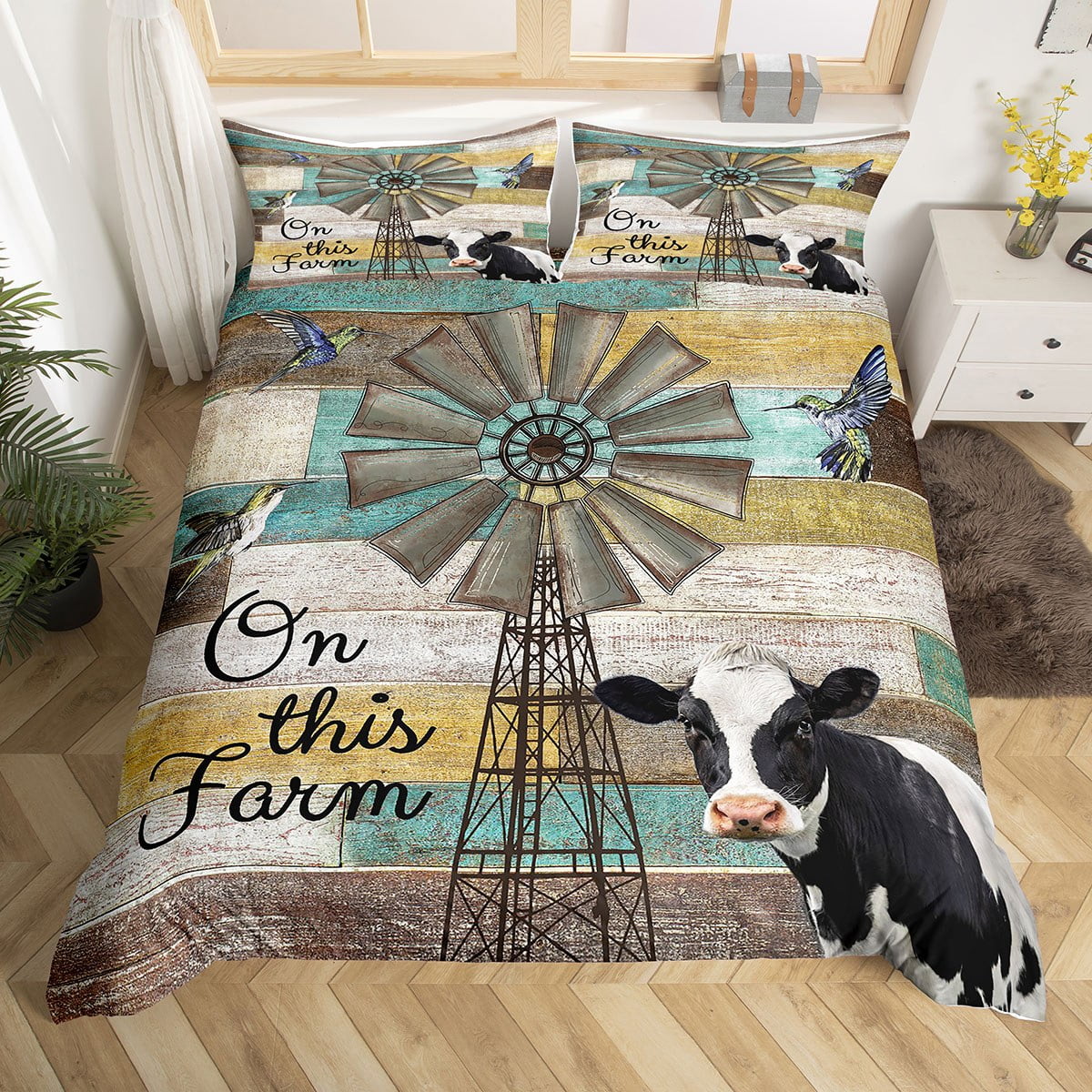 Rustic Windmill Farmhouse Bedding Set Twin Size, Milk Cow Farm Animal ...