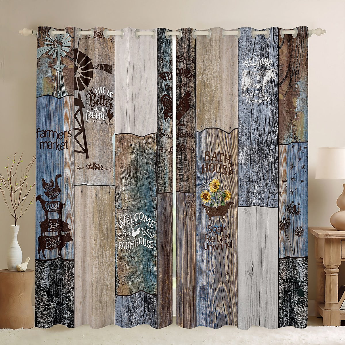 Rustic Windmill Farmhouse Blackout Curtains, Sunflower Chicken Print ...