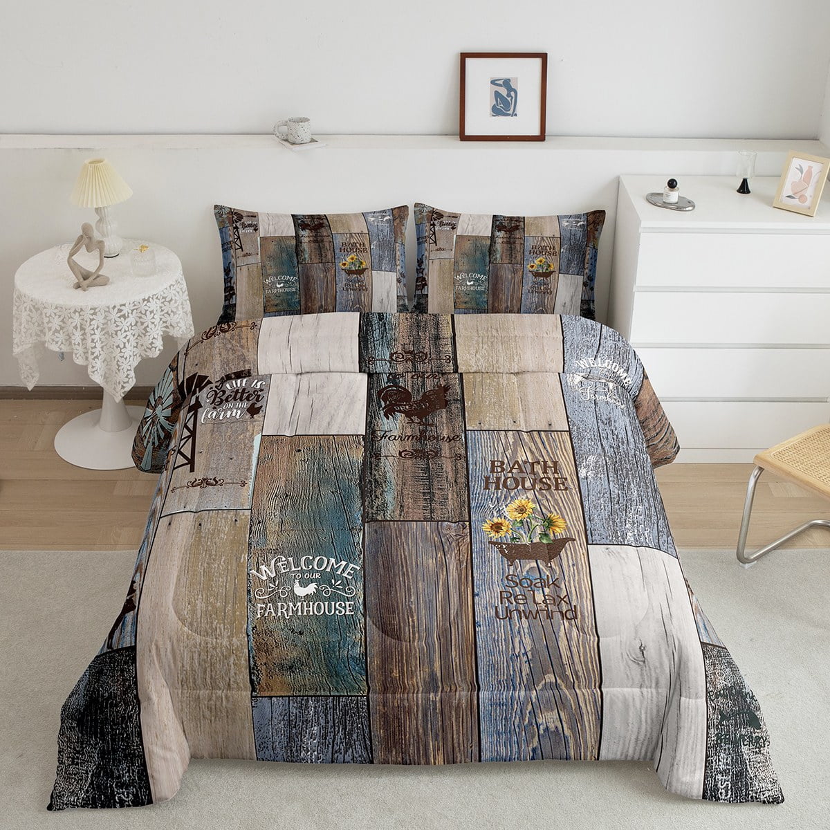 Rustic Windmill Farmhouse Comforter Set 3Pcs, Sunflower Chicken Print ...