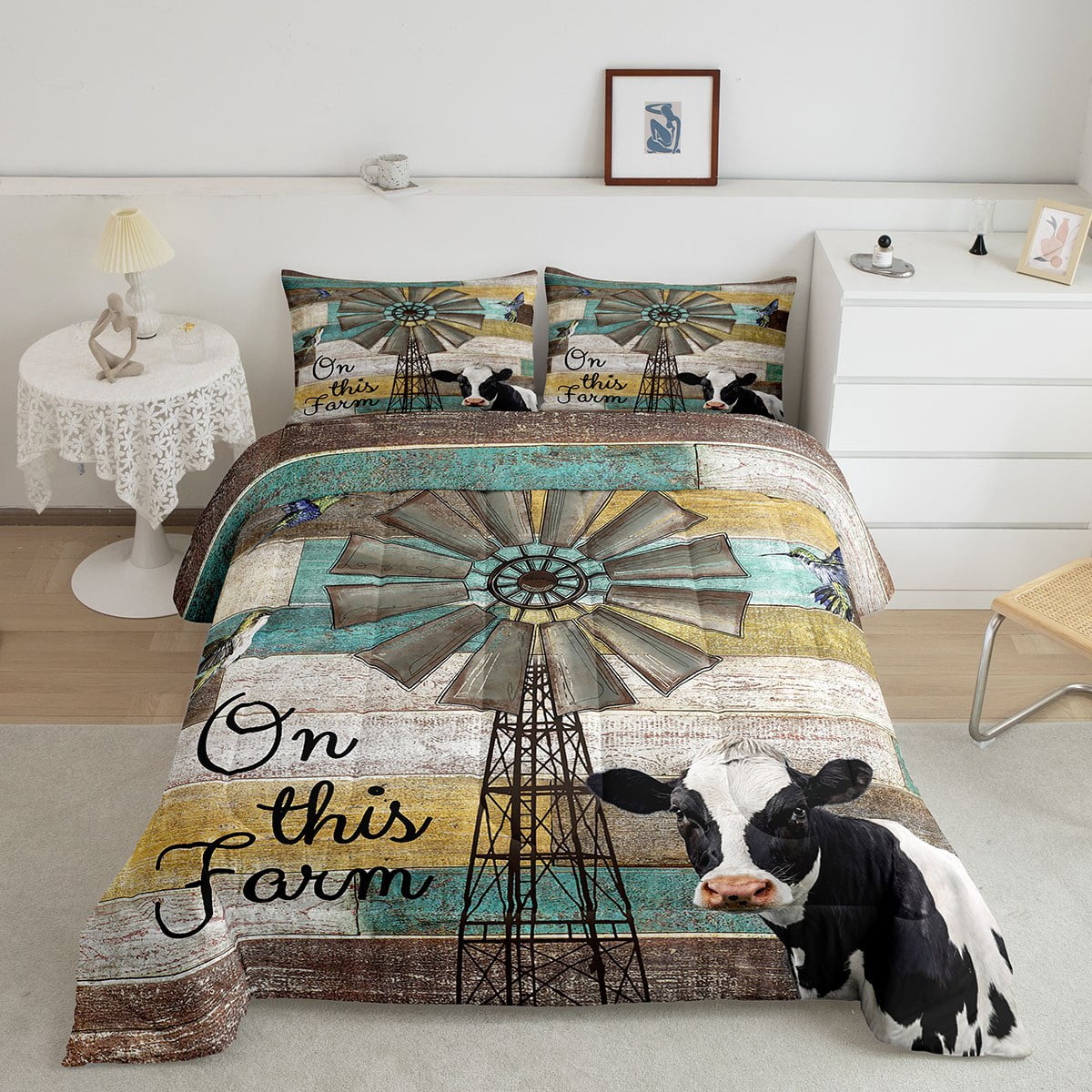 Rustic Windmill Farmhouse Comforter Set King Size, Milk Cow Farm Animal ...