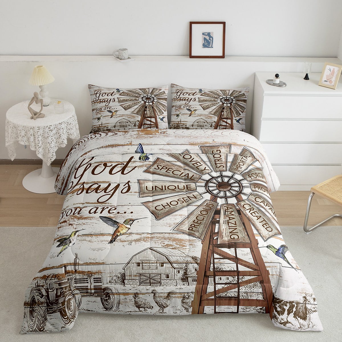 Rustic Windmill Farmhouse Comforter Set Twin Size, Hummingbird Farm Cow ...