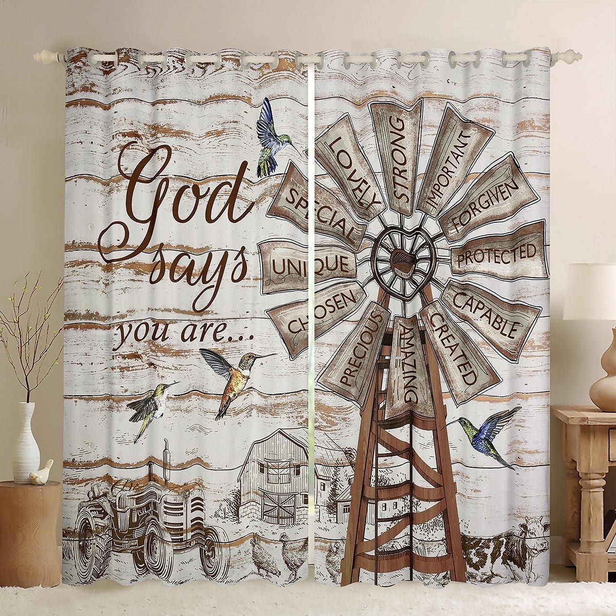 Rustic Windmill Farmhouse Curtains 42Wx84L,Hummingbird Farm Cow ...