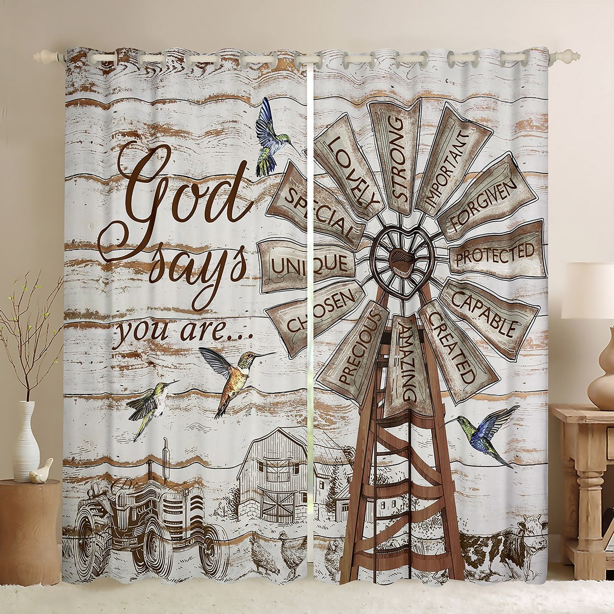 Rustic Windmill Farmhouse Curtains 52"Wx63"L,Hummingbird Farm Cow ...