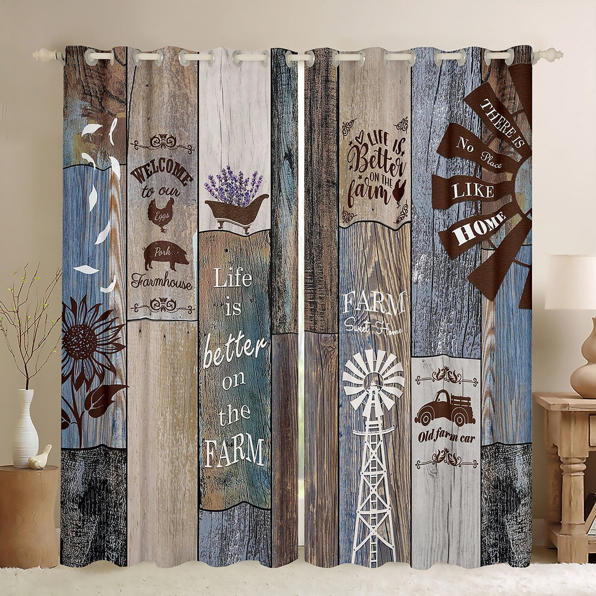 Rustic Windmill Farmhouse Curtains, Vintage Country Wooden Curtains ...