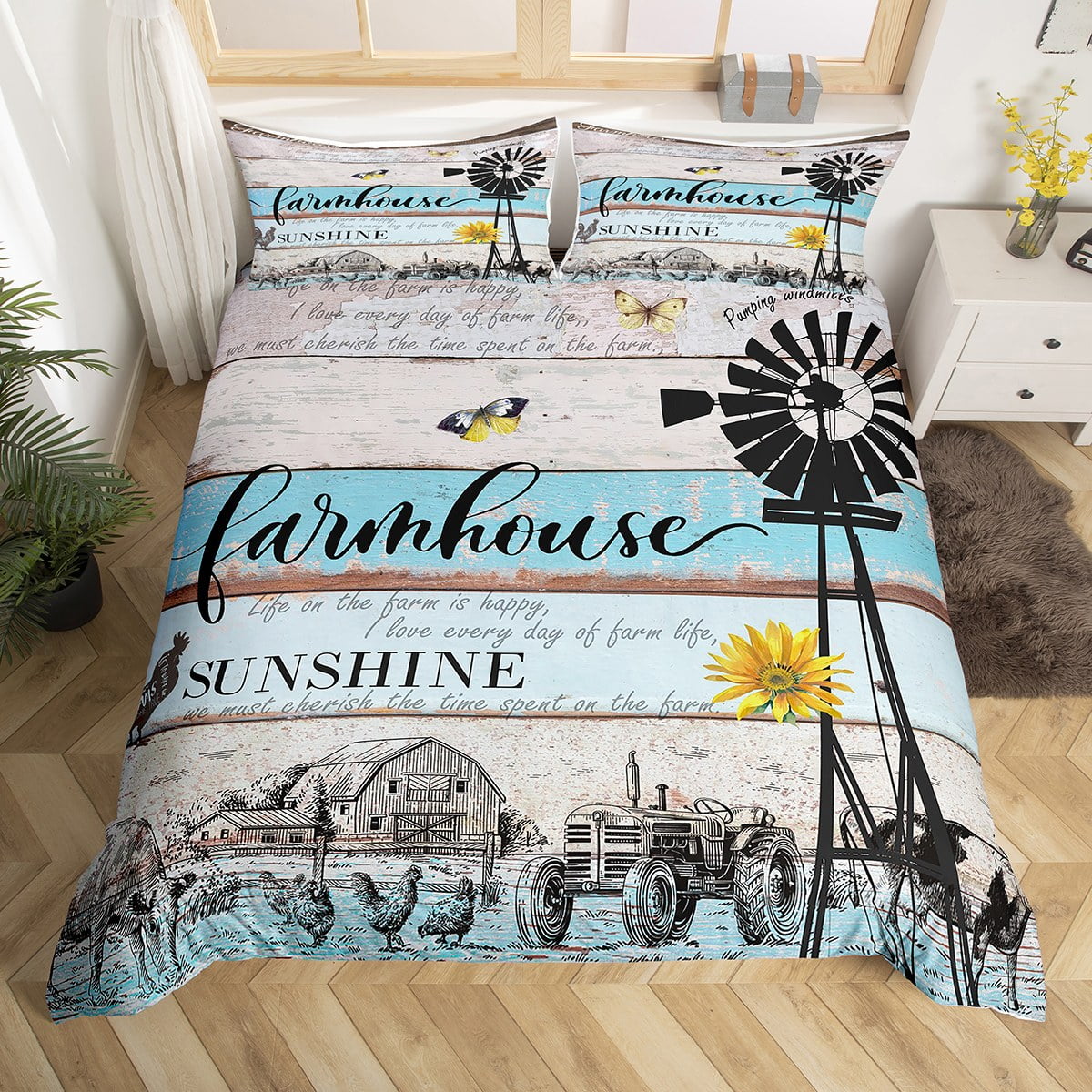 Rustic Windmill Farmhouse Duvet Cover Tractor Cabin Bedding Set Queen ...