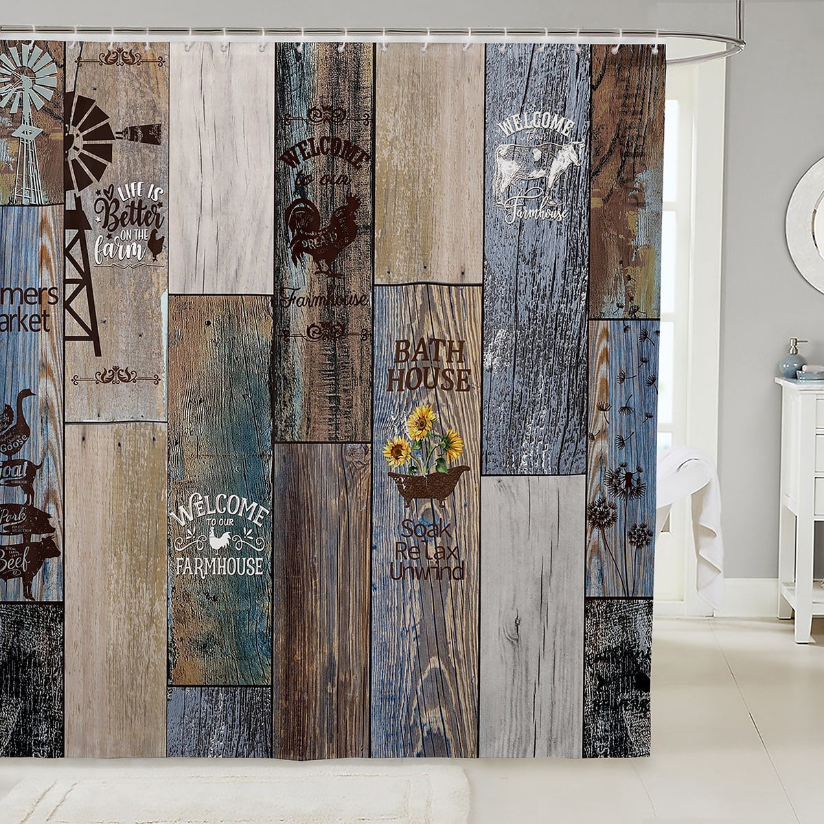 Rustic Windmill Farmhouse Fabric Shower Curtain, Sunflower Chicken ...