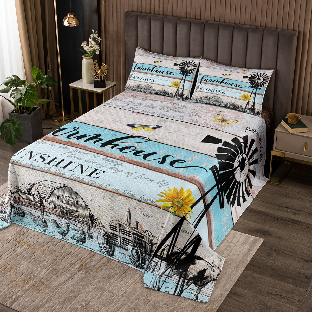 Rustic Windmill Farmhouse Quilt Set Tractor Cabin Coverlet Set Twin ...