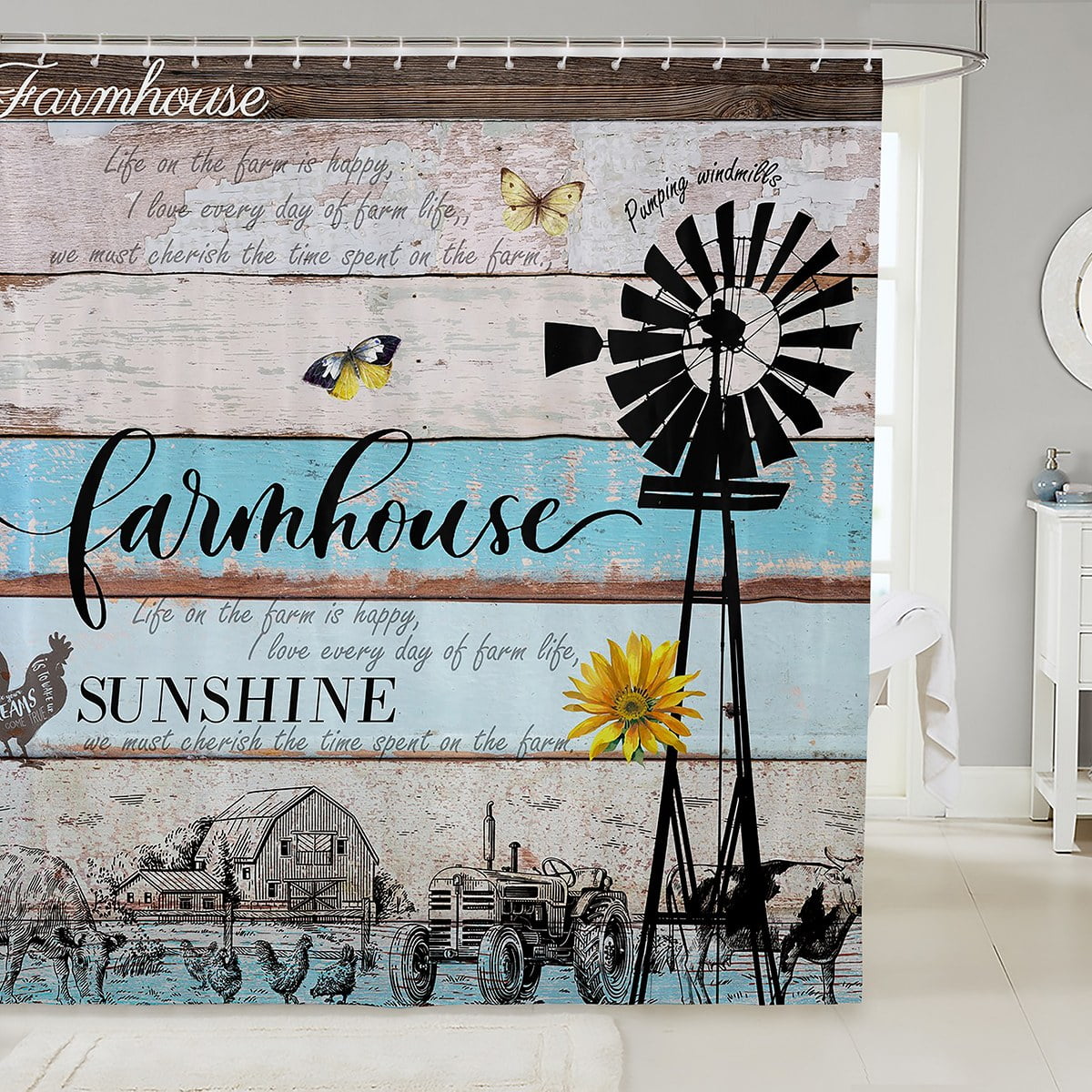 Rustic Windmill Farmhouse Shower Curtain Tractor Cabin Waterproof ...