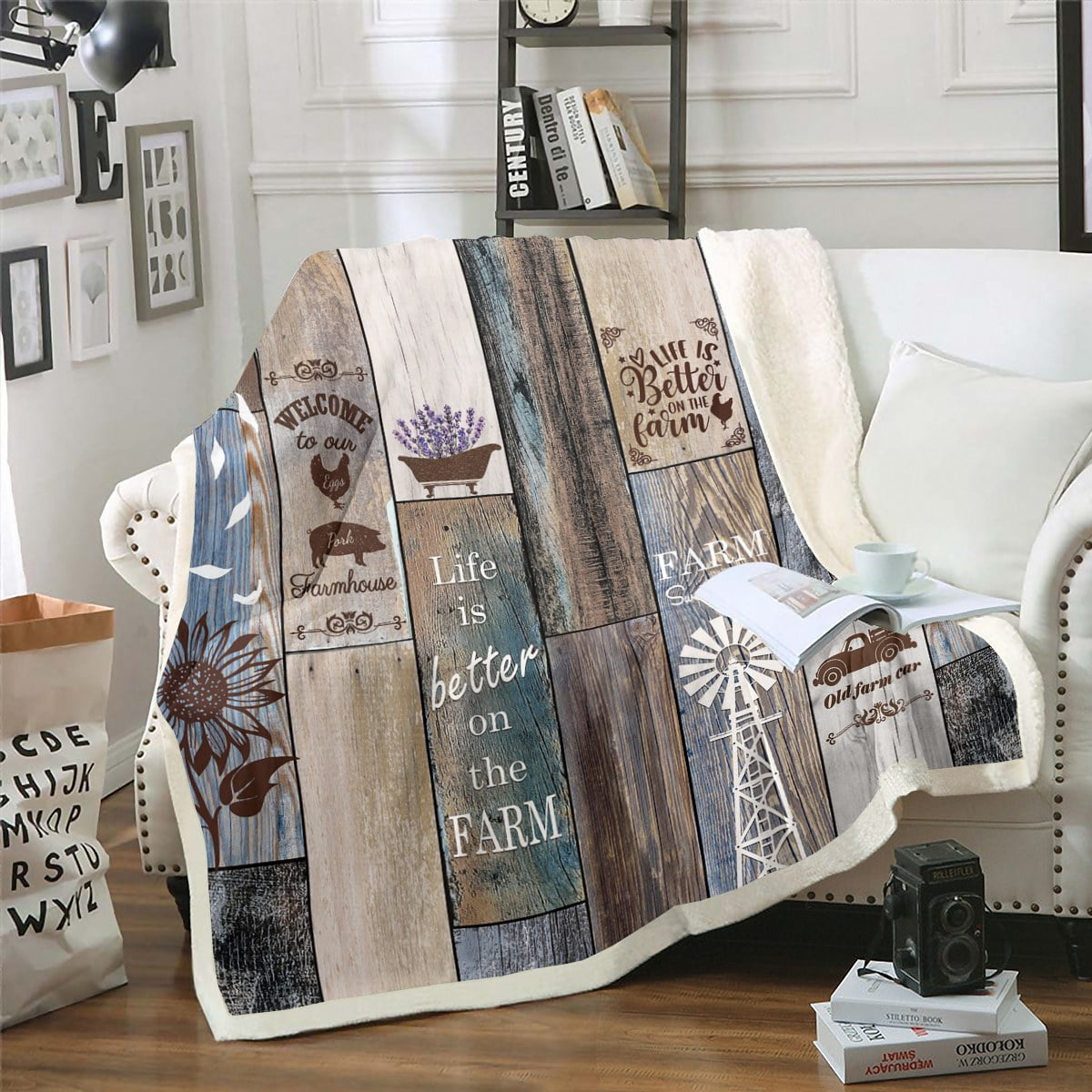 Rustic Windmill Farmhouse Throw Blanket, Vintage Country Wooden Sherpa ...