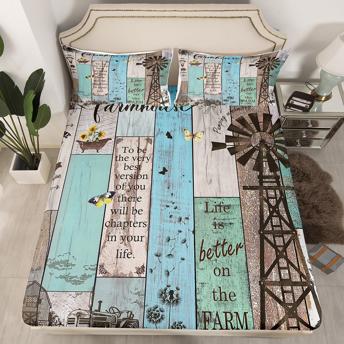 Rustic Windmill Fitted Sheet Twin Size, Vintage Farmhouse Style Bed ...