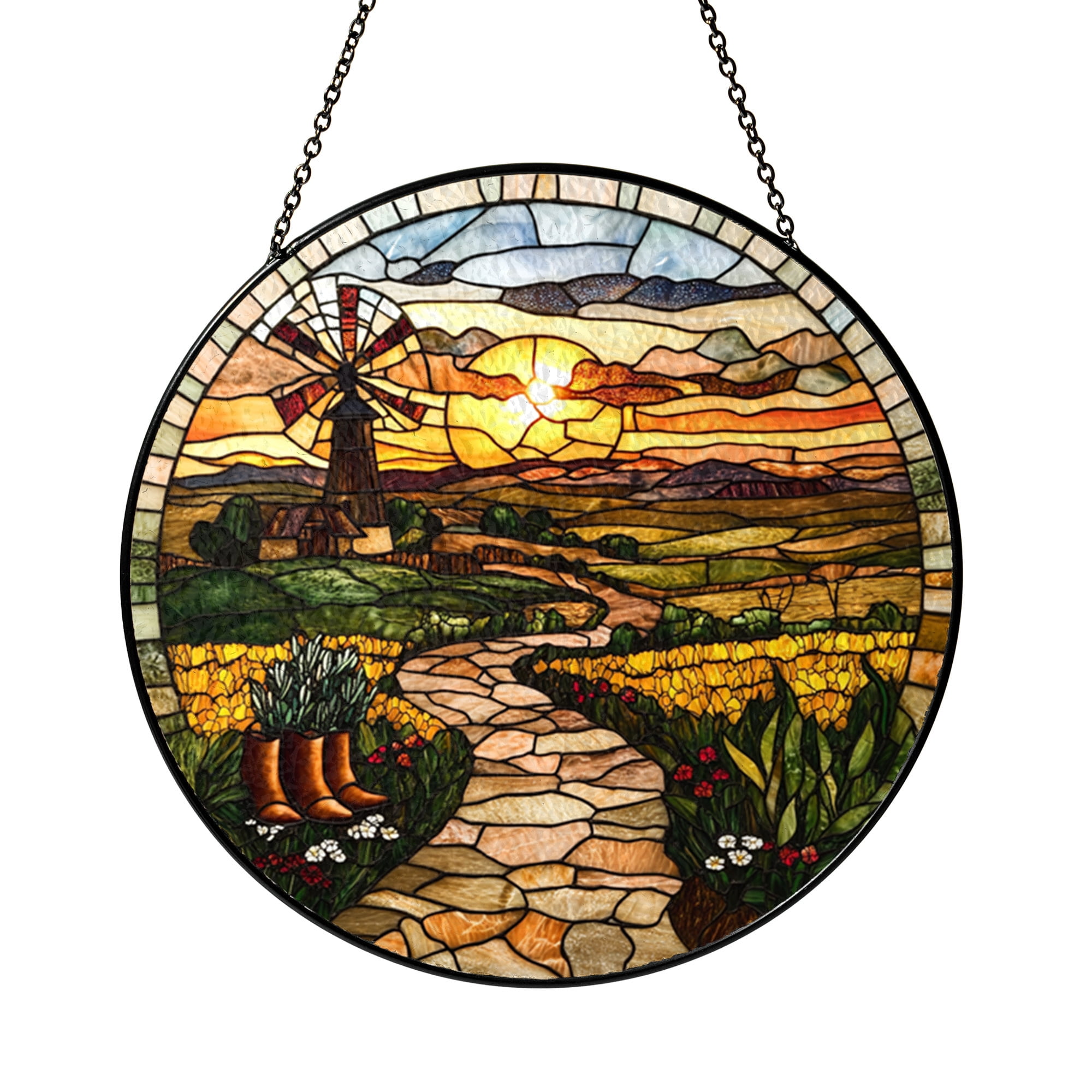 Rustic Windmill Prairie Scene Art Glass Style Decorative Window Hanging ...