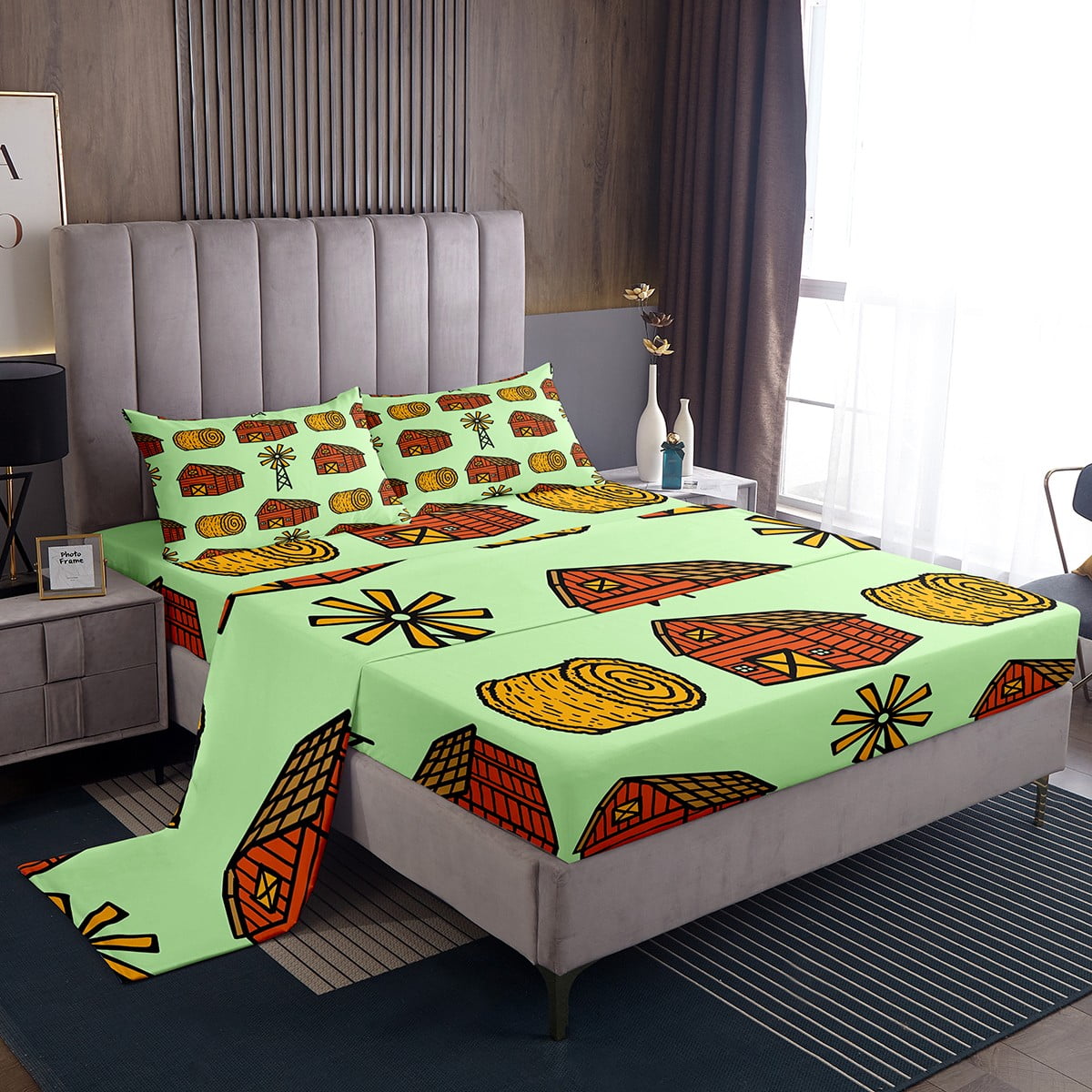 Rustic Windmill Sheet Set Queen Size,Retro Farmhouse Hay Roll Sheets ...