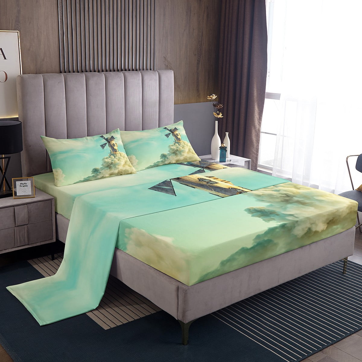 Rustic Windmill Sheets Twin Size,White Cloud Sky Print Bed Sheets Set ...