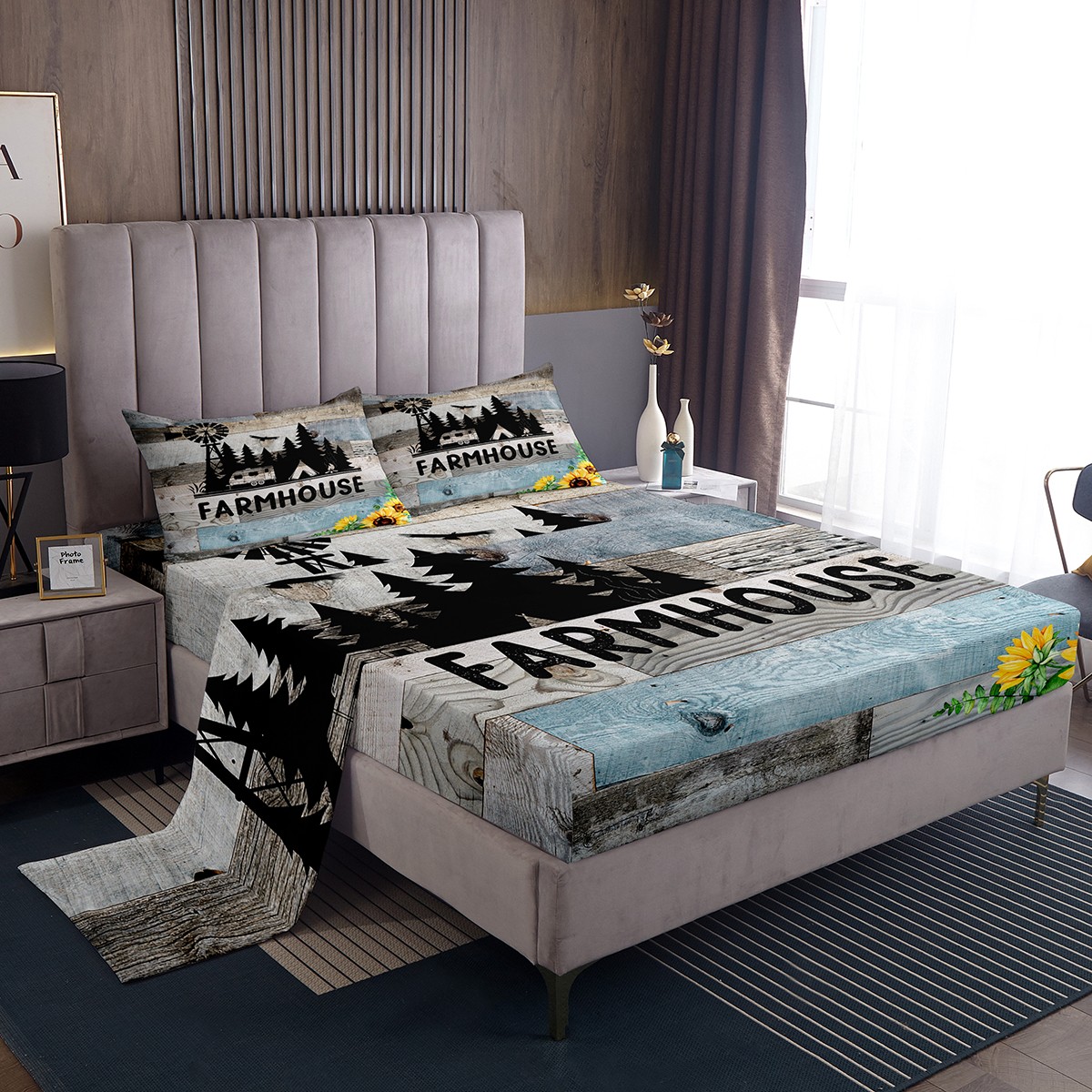 Rustic Windmill Twin Sheets Teal Grey Bed Set, Old Barn Door Stripe Bed ...