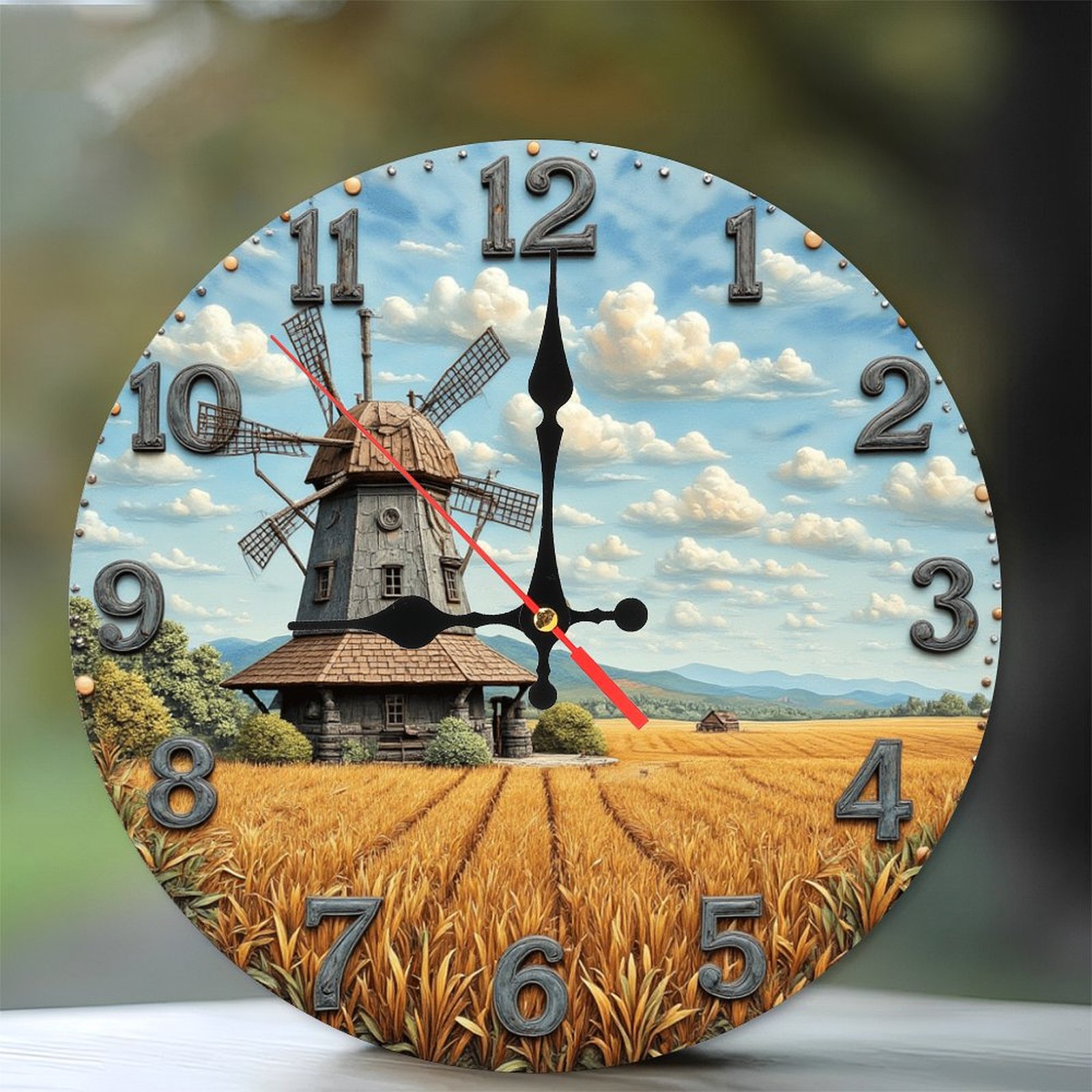 Rustic Windmill Wheat Field Wall Clock Home Decor 10-Inch Silent Wooden ...