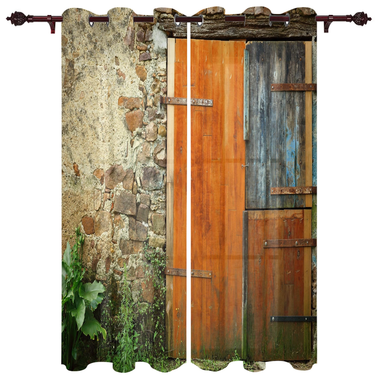 Rustic Window Curtains Wooden Door Historical Vintage Medieval Print ...