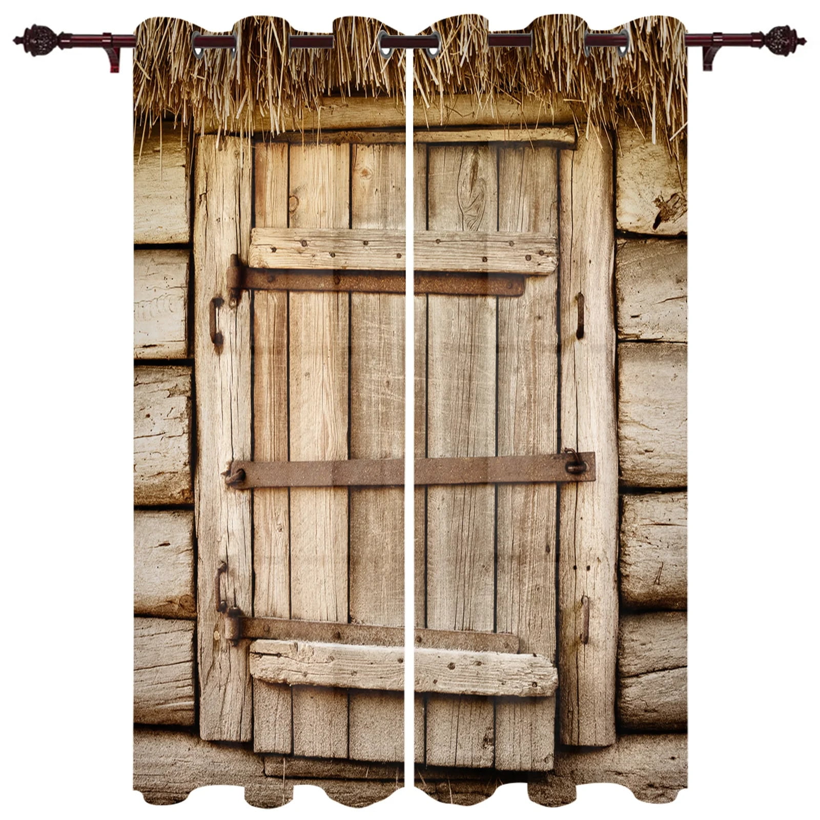 Rustic Window Curtains Wooden Door Historical Vintage Medieval Print ...