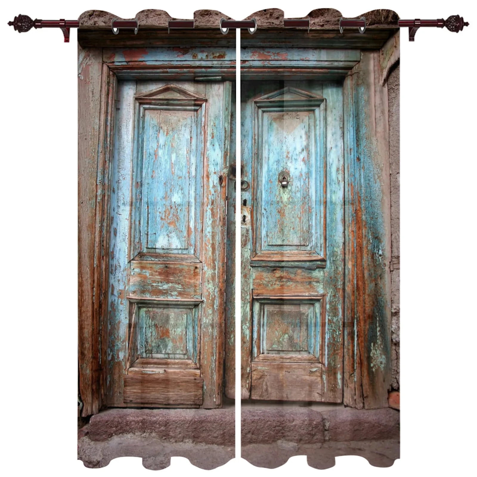 Rustic Window Curtains Wooden Door Historical Vintage Medieval Print ...