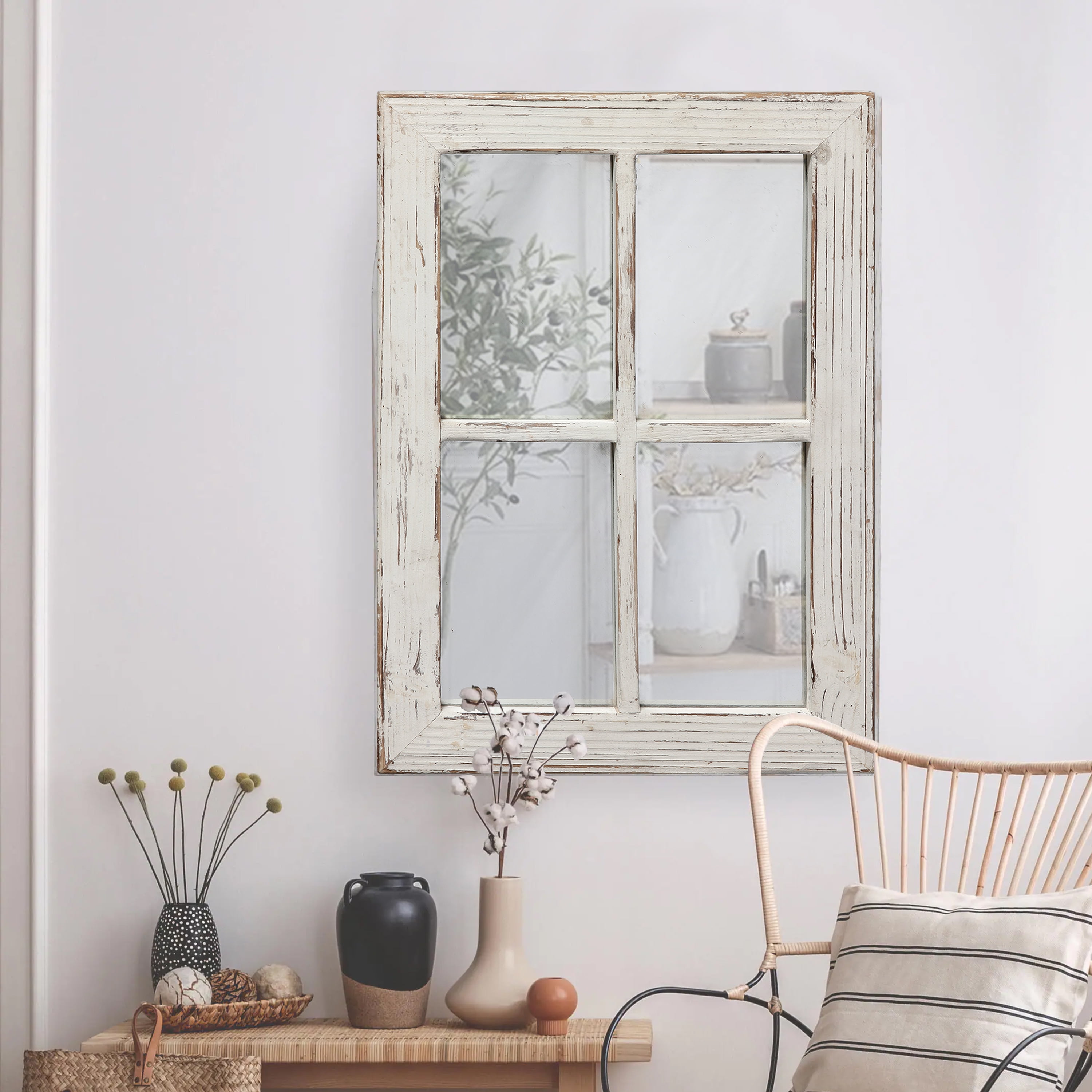 "Rustic 11"" x 16"" Window Pane Mirror, Distressed White, Vintage ...