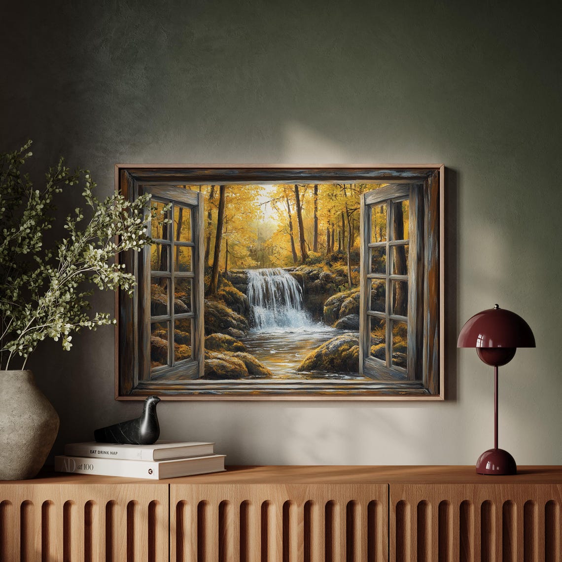 Rustic Window View, Autumn Waterfall, Cozy Cabin Decor, Nature ...