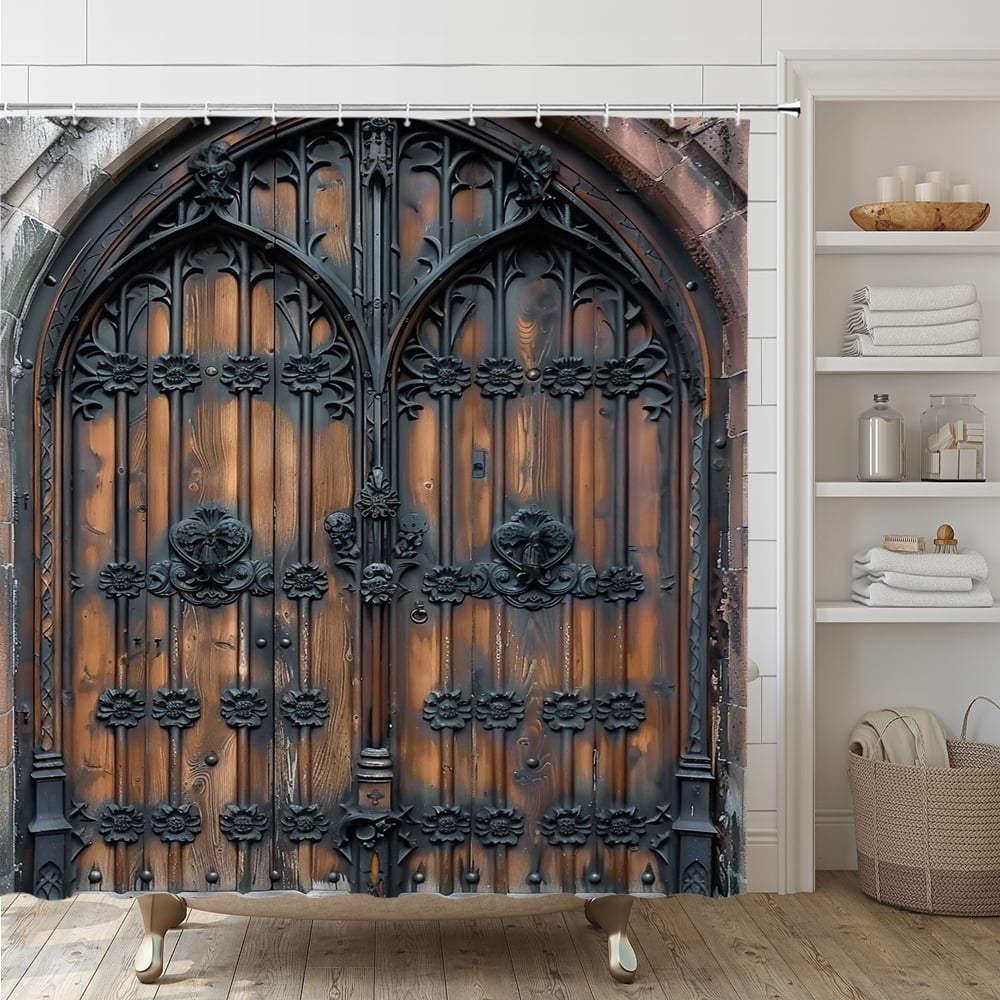 Rustic Wine Cellar Wooden Door Shower Curtain Set Fabric Bathroom ...