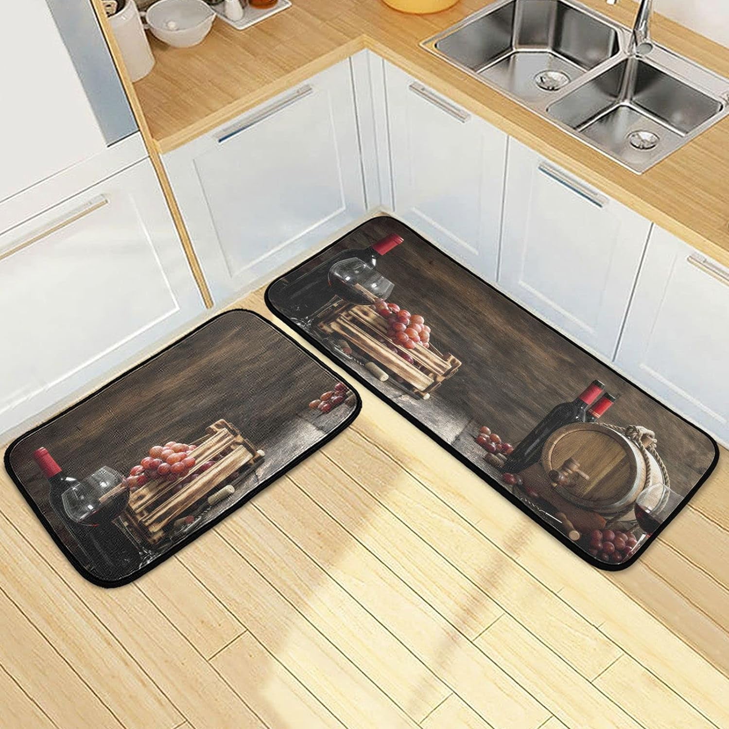 Rustic Wine Themed Kitchen Rugs 2 Pieces, Barrel Grapes Floor Mat Room ...