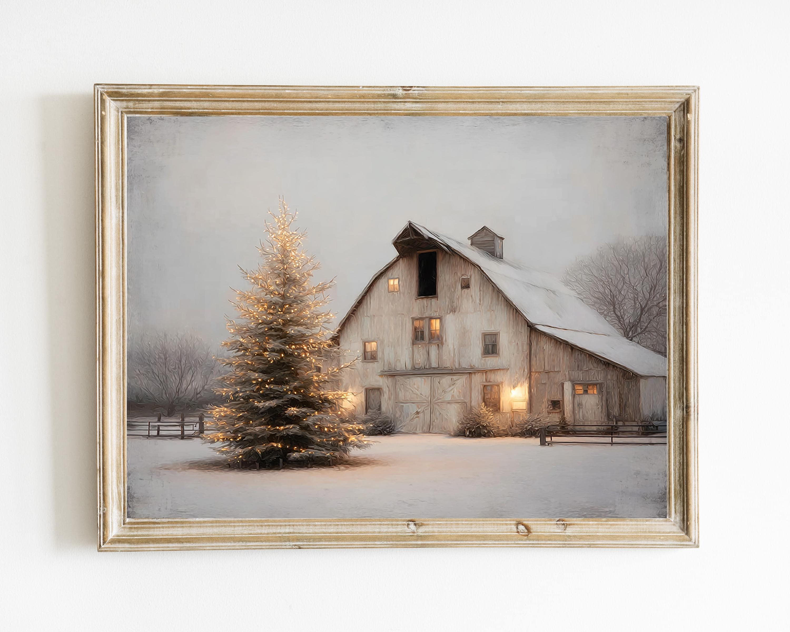 Rustic Winter Barn Farmhouse Print Poster Snowy Landscape Tree With ...
