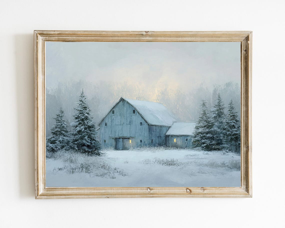 Rustic Winter Barn Farmhouse Print Poster Snowy Landscape Tree with ...