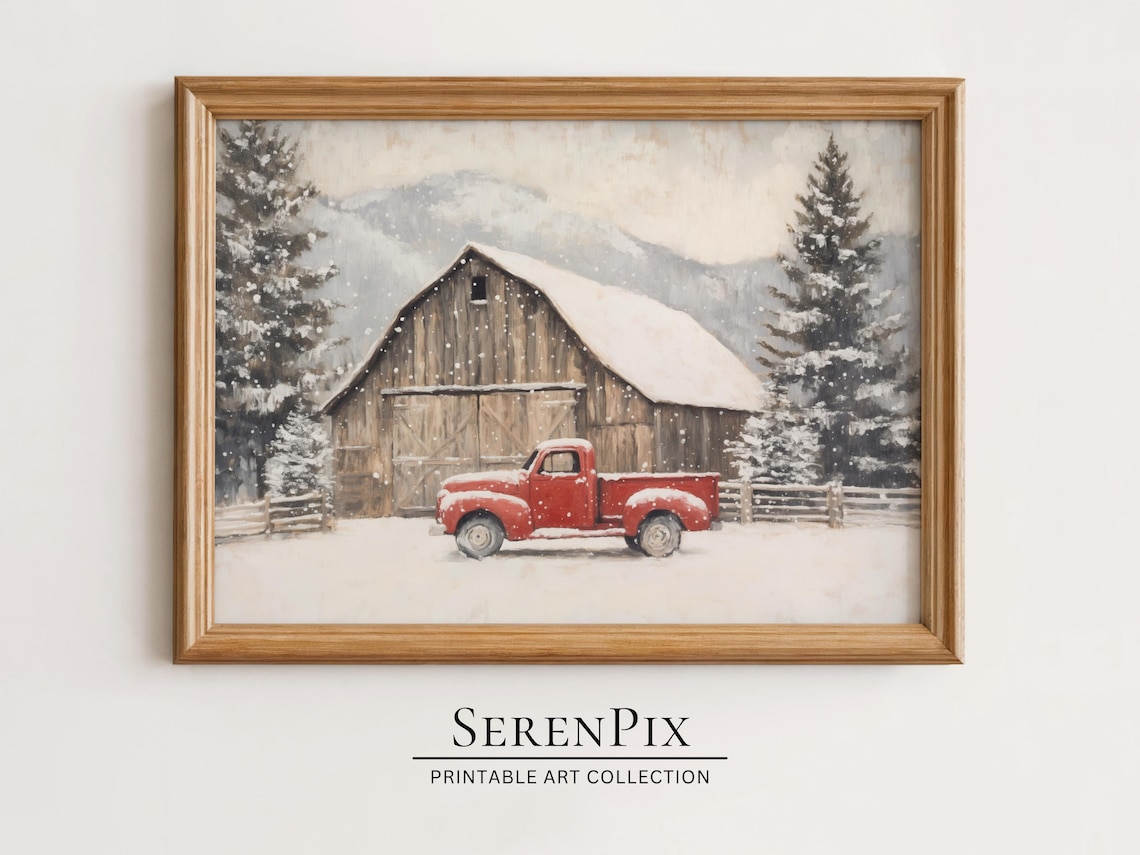 Rustic Winter Barn With Red Truck Wall Art, Cozy Decor, Art Print ...