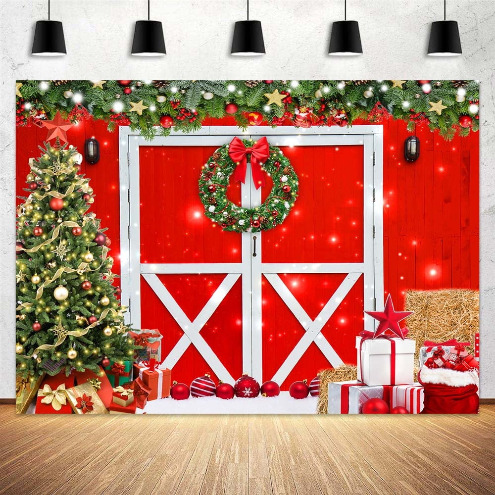 Rustic Winter Christmas Red Barn Wood Door Photography Backdrop Xmas Tree Snow Gifts Decor ...