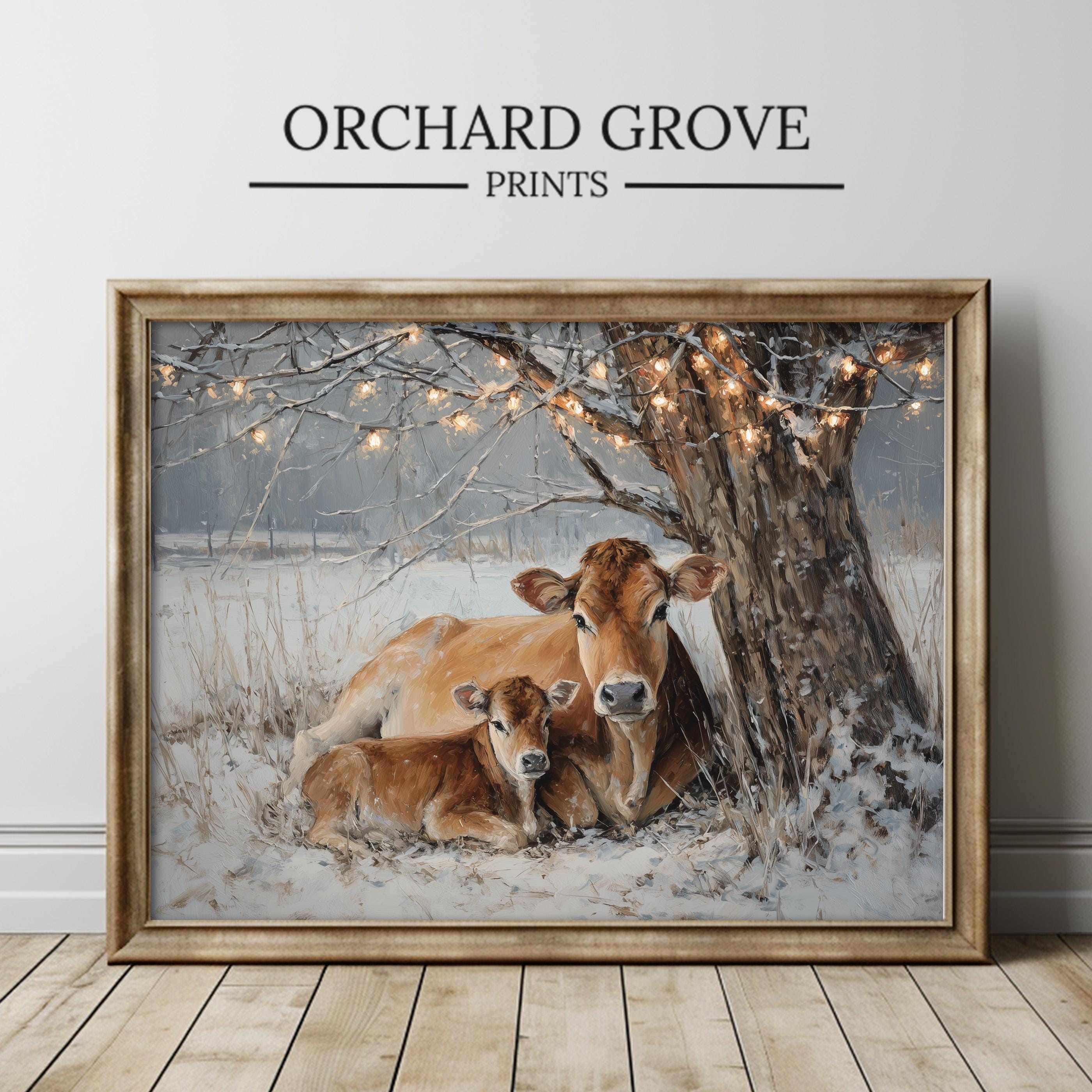 Rustic Winter Cow Print, Farmhouse Kristmas Wall Art, Cozy Cow Calf ...