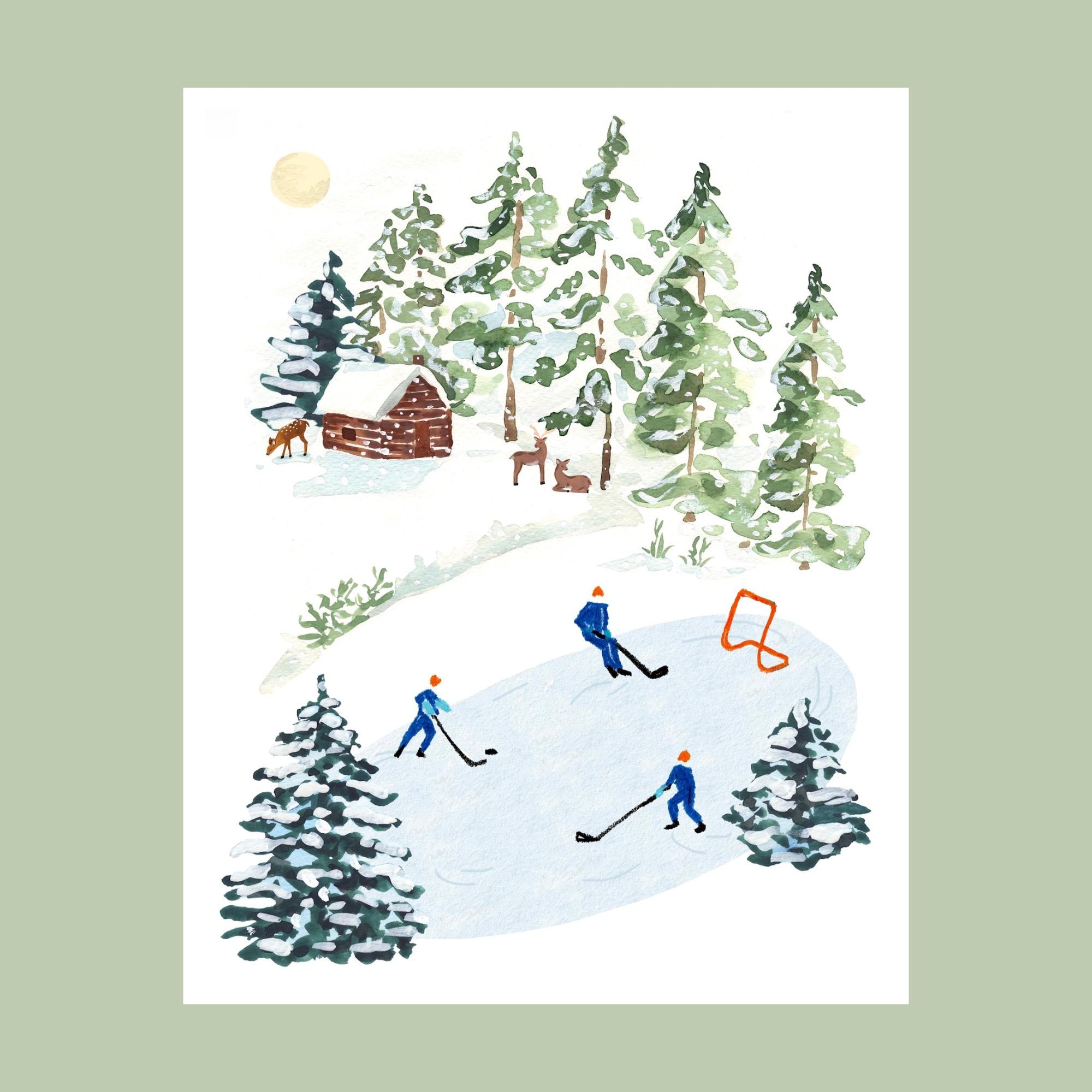 Rustic Winter Hockey Art Print - Cozy Cabin And Nature Scene Poster ...