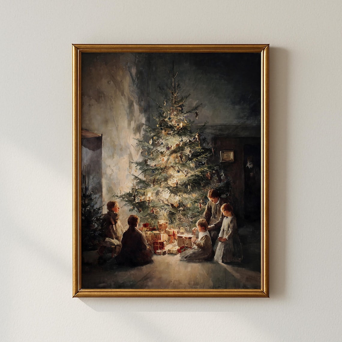 Rustic Winter Wall Art, Family Gathering Around Decorated Tree With ...