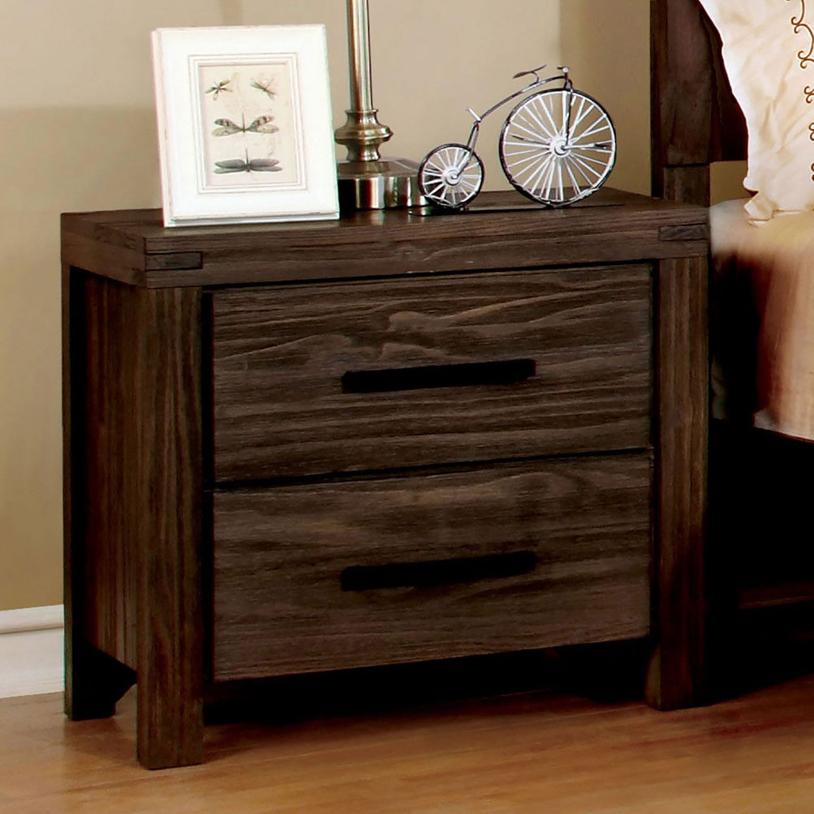 Rustic Wire-Brushed Nightstand - Solid Wood 2 Drawer Bedside Table with ...